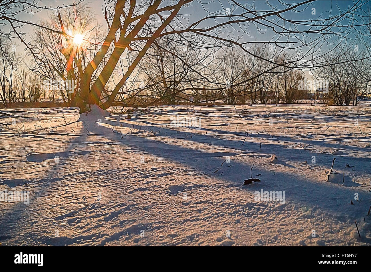 Winter landscape in snow nature with sun and tree Stock Photo - Alamy