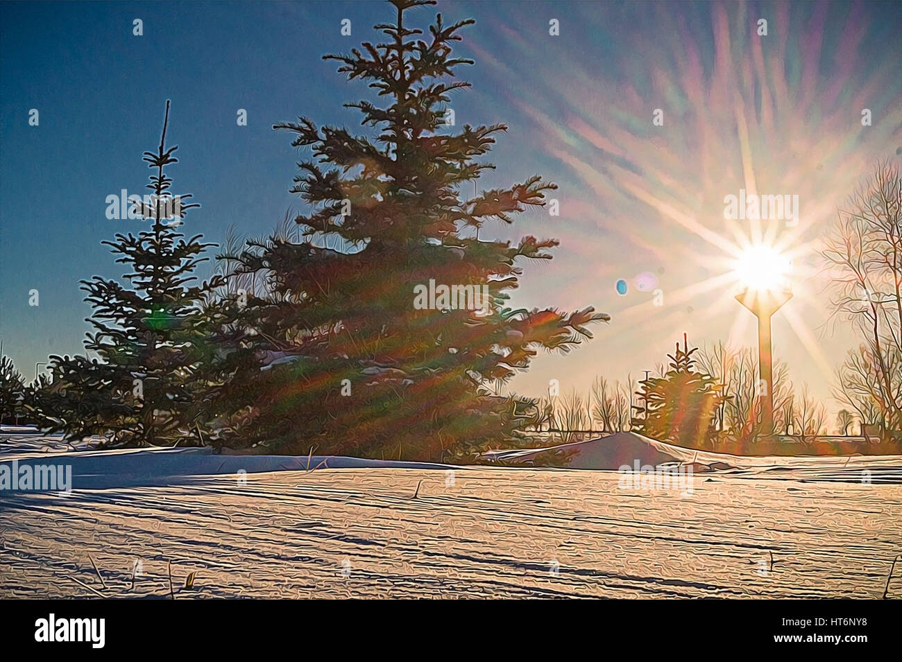 Winter landscape in snow nature with sun and tree Stock Photo - Alamy