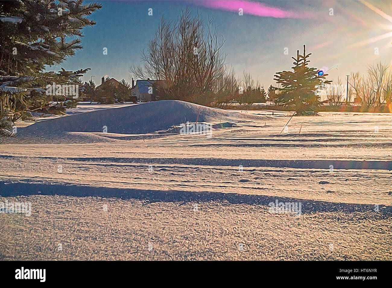 Winter landscape in snow nature with sun and tree Stock Photo - Alamy