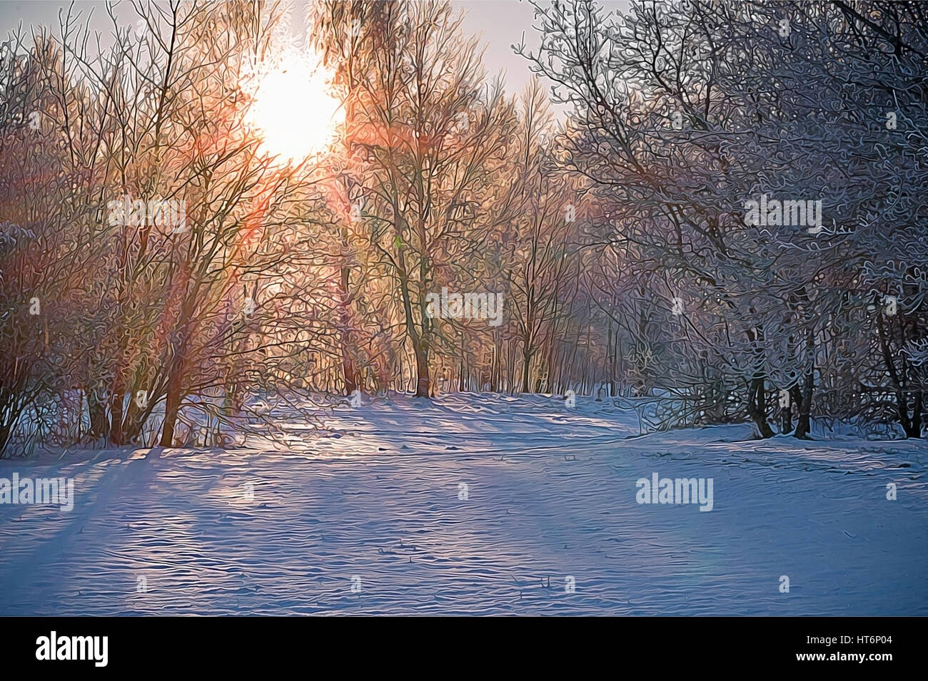 Winter landscape in snow nature with sun and tree Stock Photo - Alamy