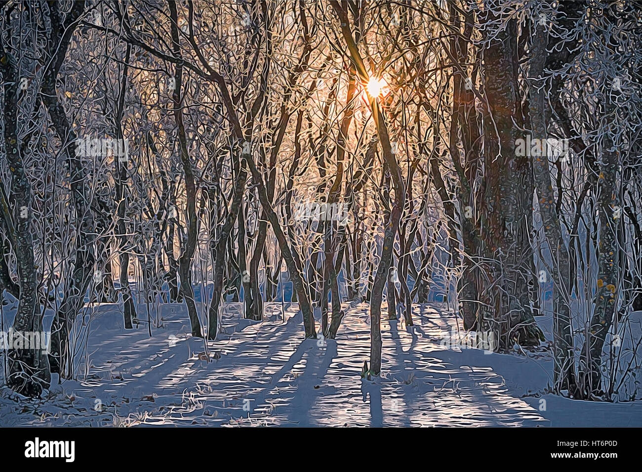 Winter landscape in snow nature with sun and tree Stock Photo - Alamy