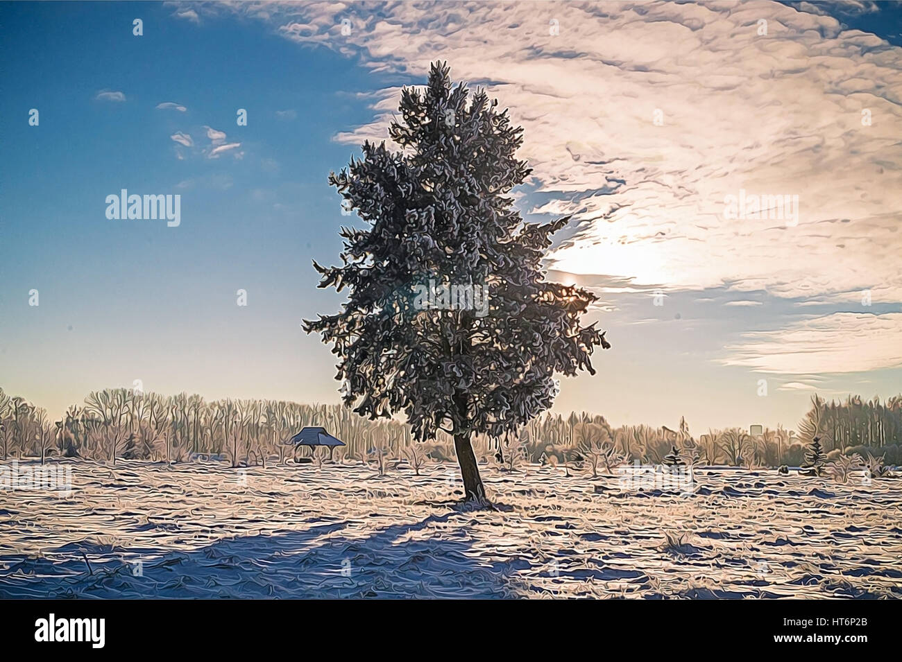 Winter landscape in snow nature with sun and tree Stock Photo - Alamy
