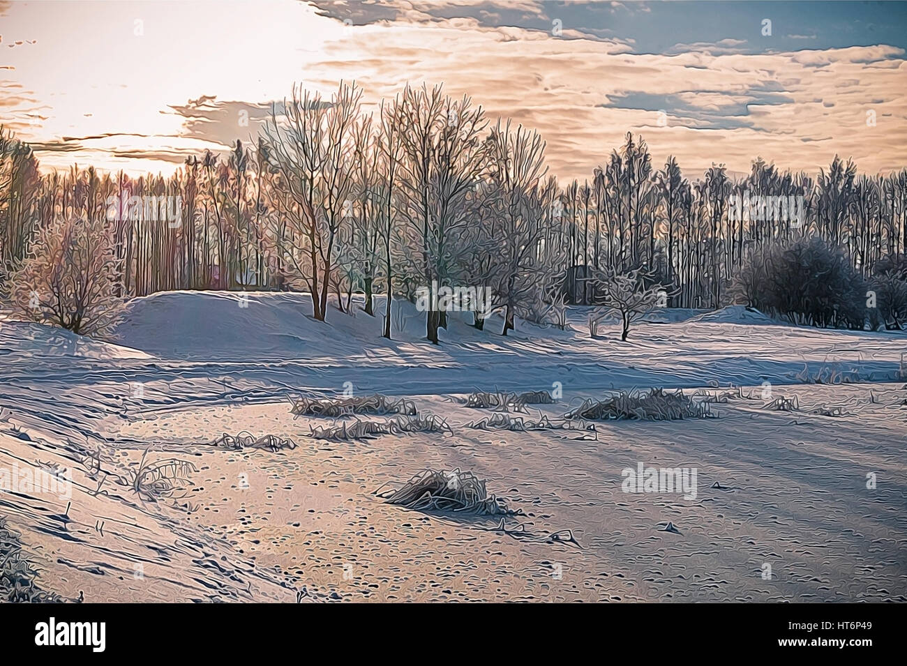 Winter landscape in snow nature with sun and tree Stock Photo - Alamy