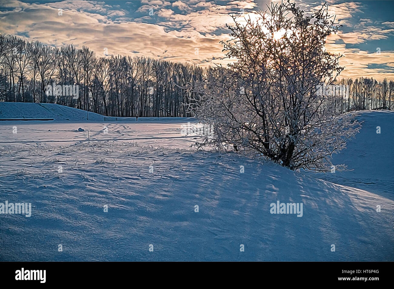 Winter landscape in snow nature with sun and tree Stock Photo - Alamy
