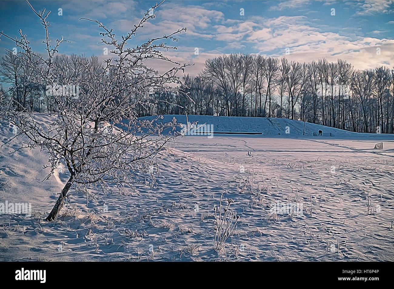 Winter landscape in snow nature with sun and tree Stock Photo - Alamy