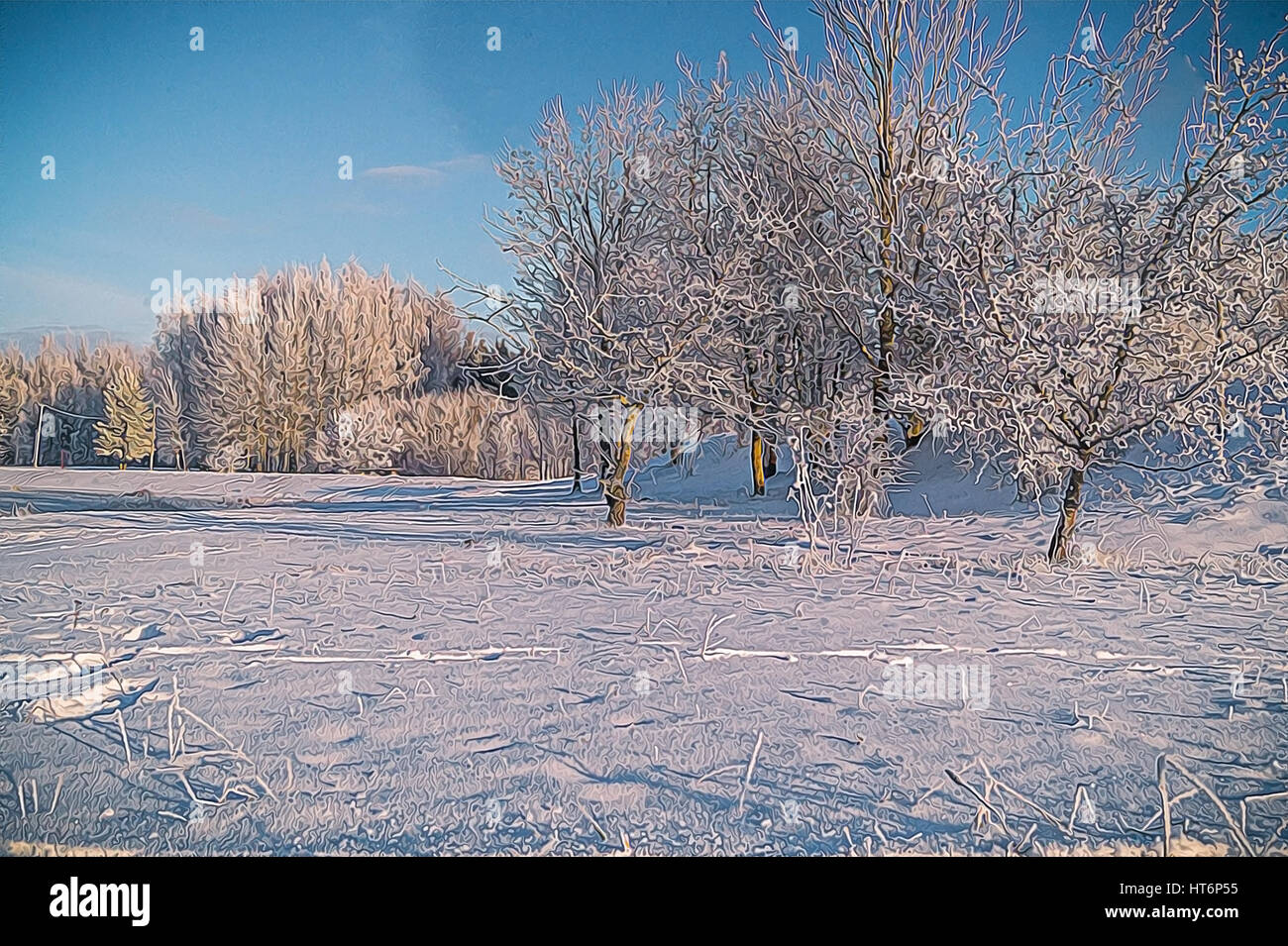 Winter landscape in snow nature with sun and tree Stock Photo - Alamy