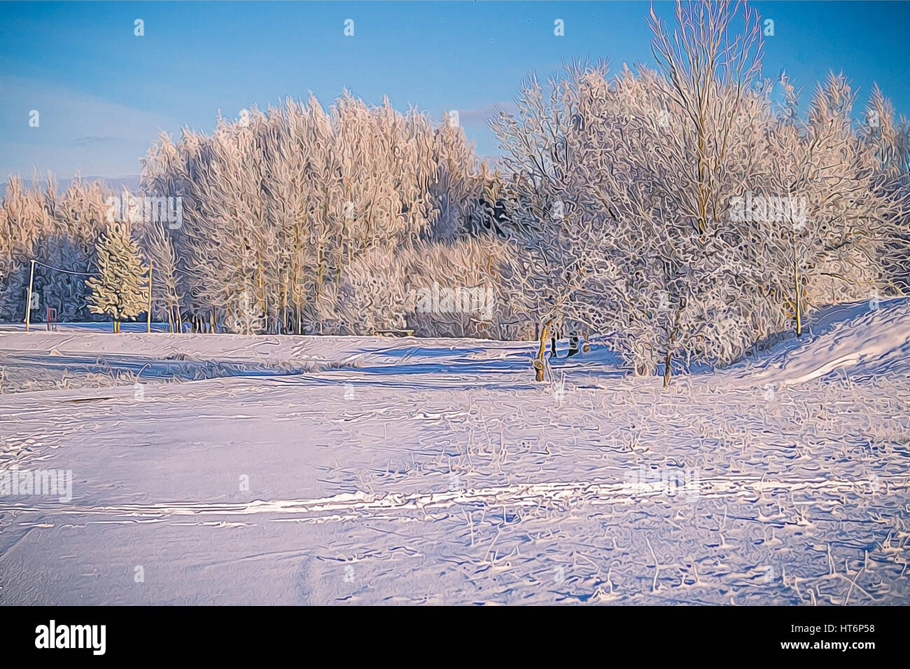 Winter landscape in snow nature with sun and tree Stock Photo - Alamy