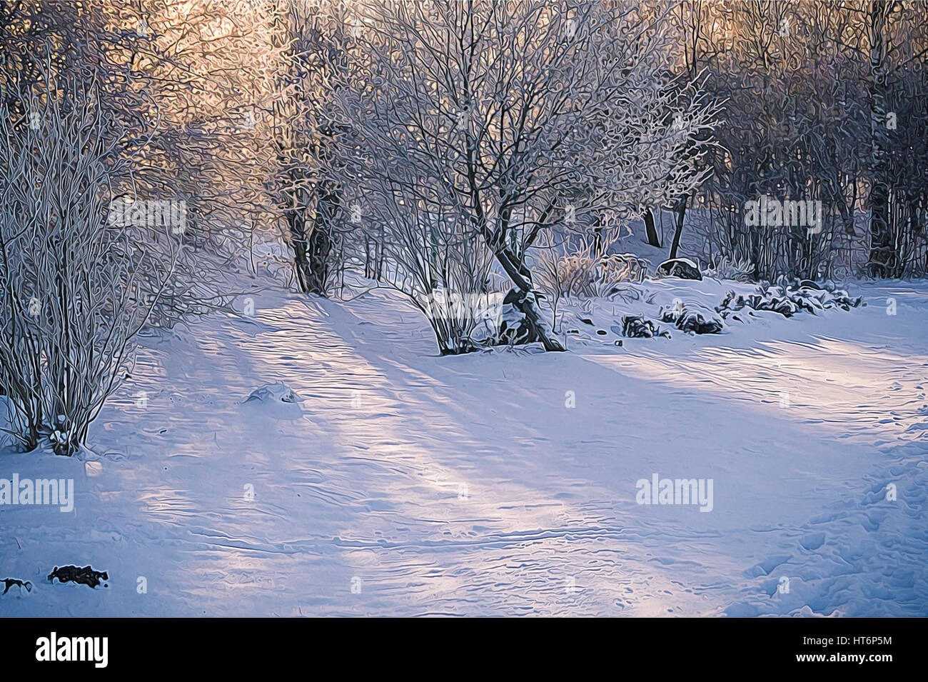 Winter landscape in snow nature with sun and tree Stock Photo - Alamy