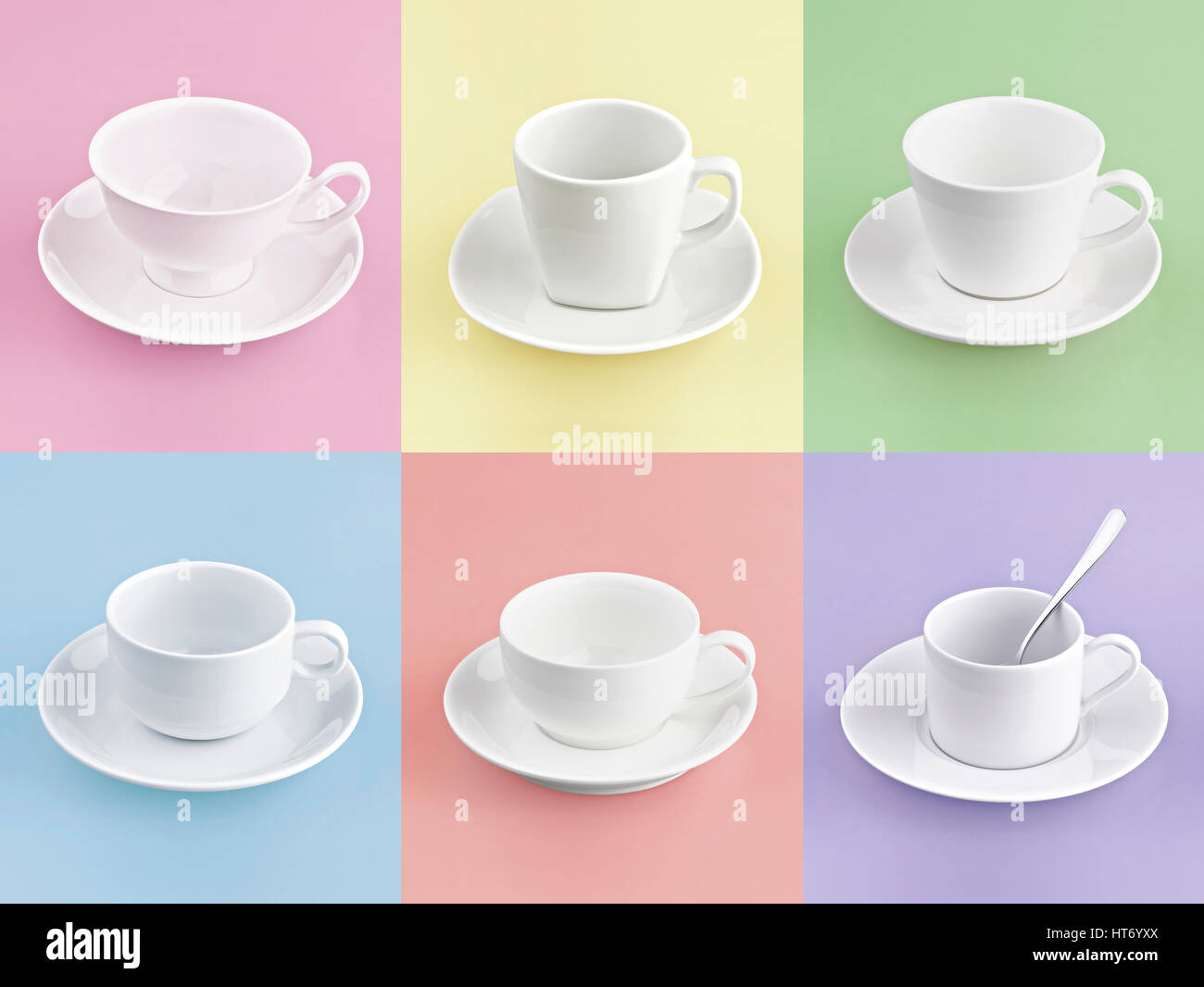 Set of different cup of coffee on many color background Stock Photo - Alamy