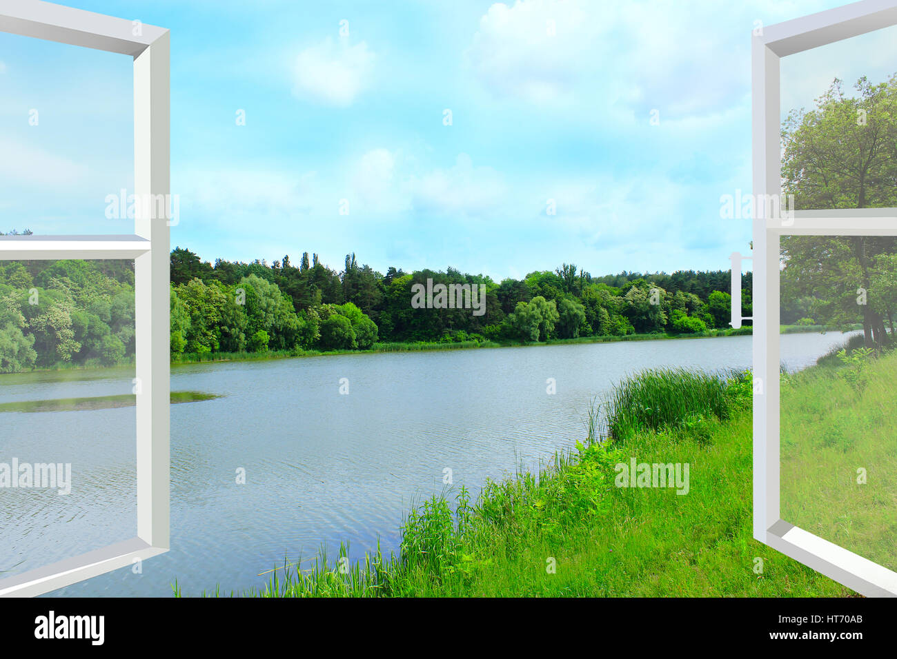 opened plastic window with view to summer landscape with forest and ...