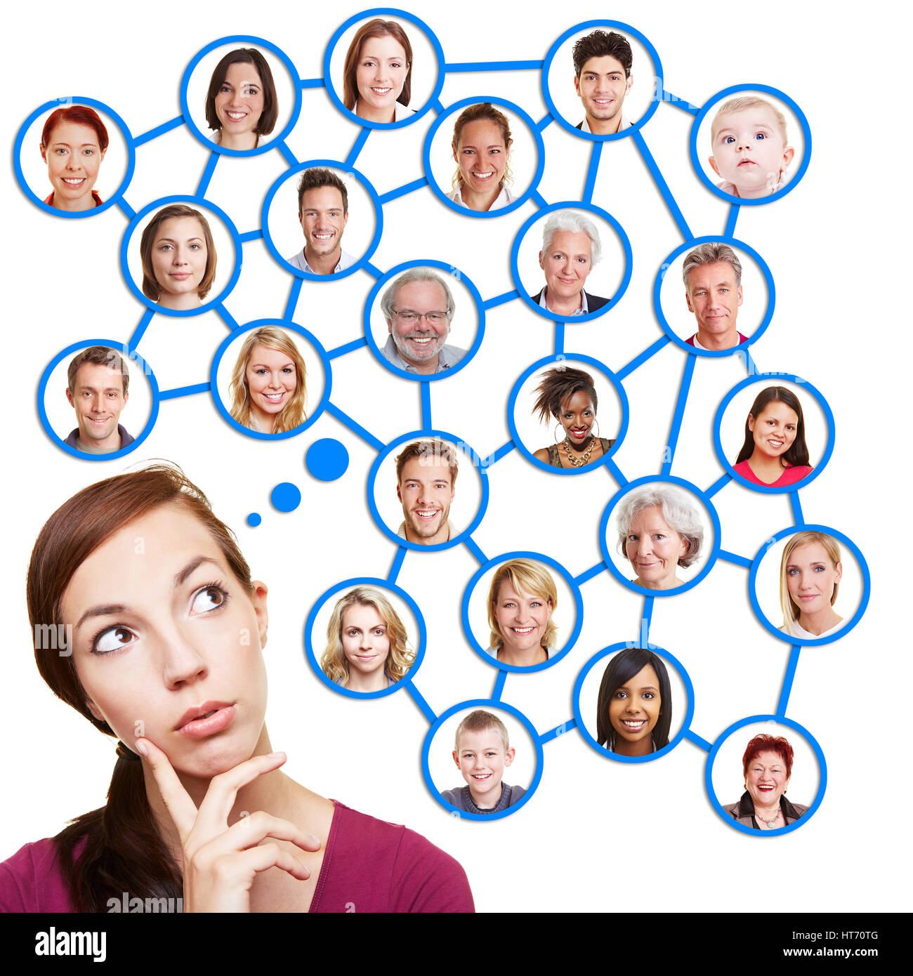 Pensive young woman thinking of social network relationships Stock ...