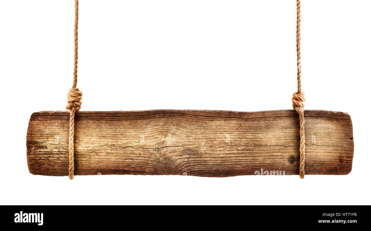 Wooden sign hanging on a rope on white background Stock Photo - Alamy
