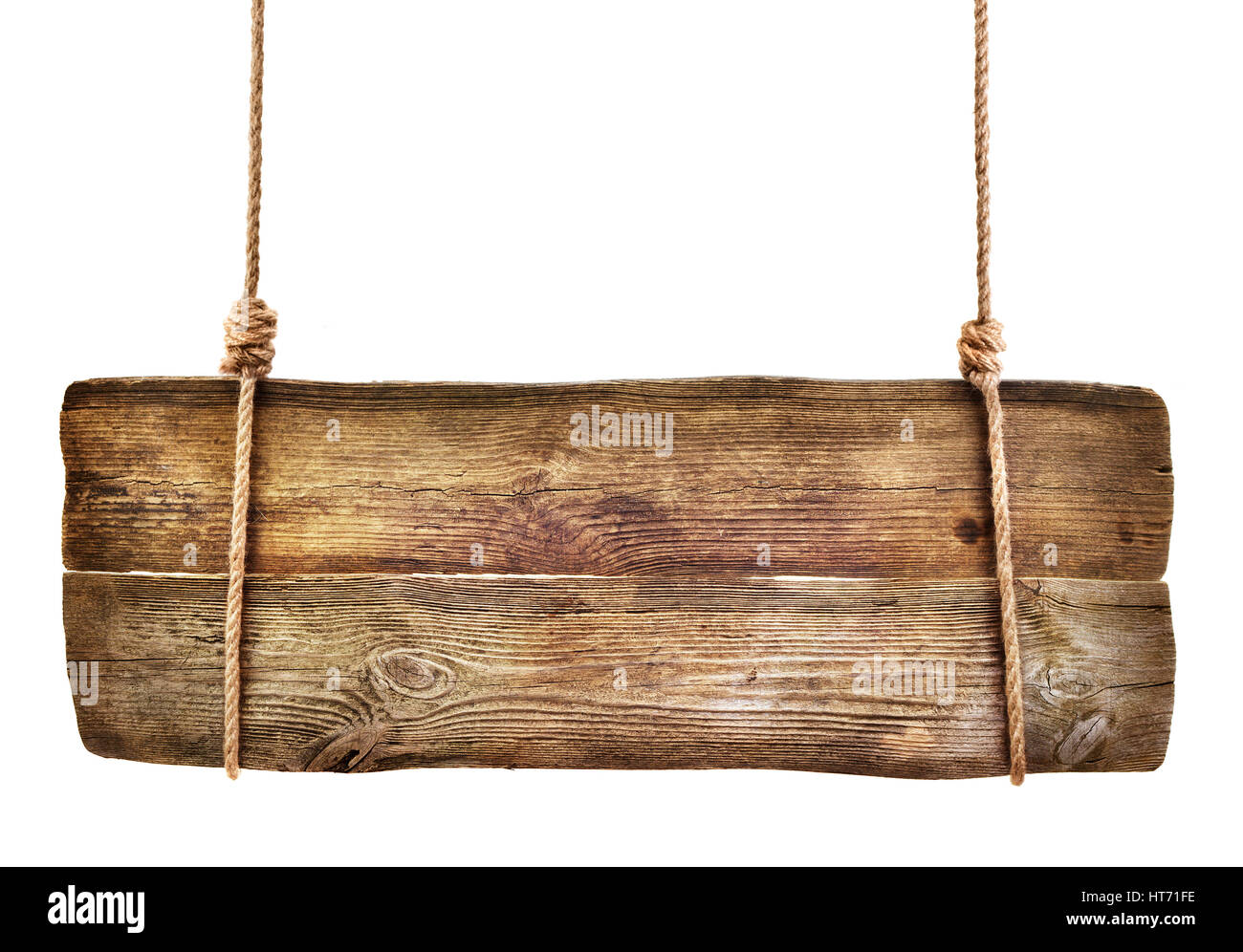 Wooden sign hanging on a rope on white background Stock Photo - Alamy
