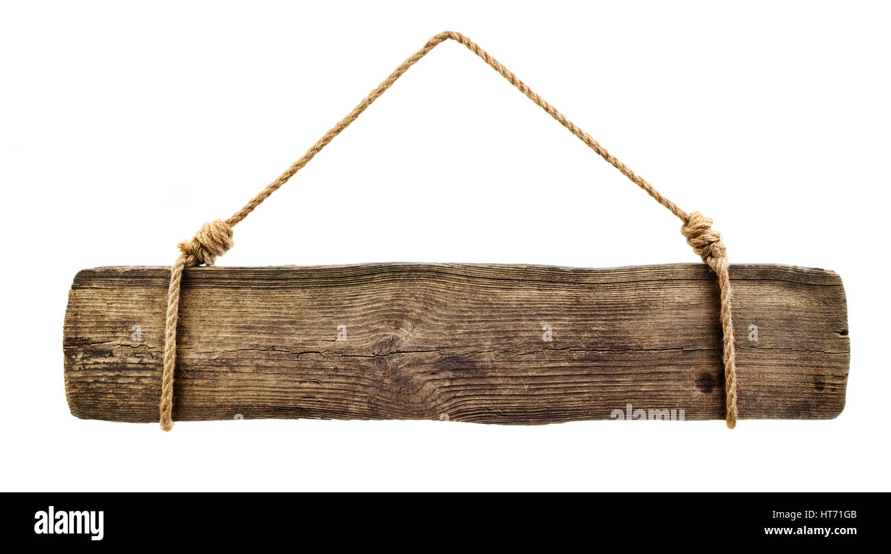 Wooden sign hanging on a rope on white background Stock Photo - Alamy