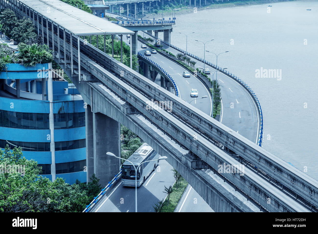 China Chongqing elevated light rail, modern city traffic perspective ...