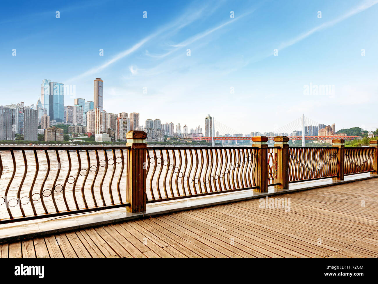 Chongqing city skyline, with wooden floors and guardrails Stock Photo ...