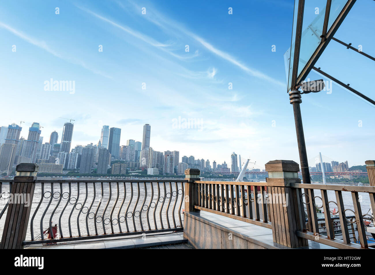 Chongqing city skyline, with wooden floors and guardrails Stock Photo ...