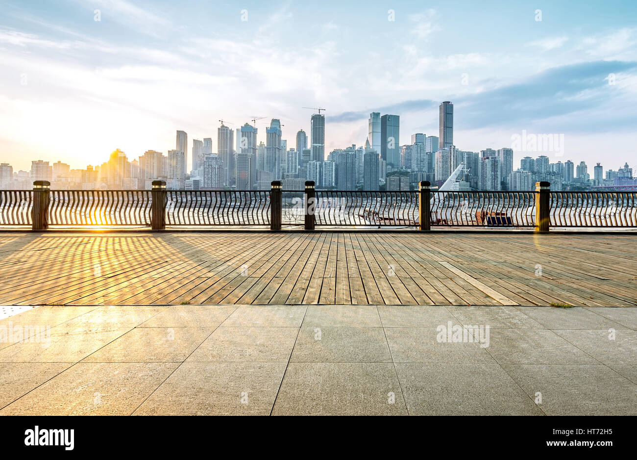 Chongqing city skyline, with wooden floors and guardrails Stock Photo ...