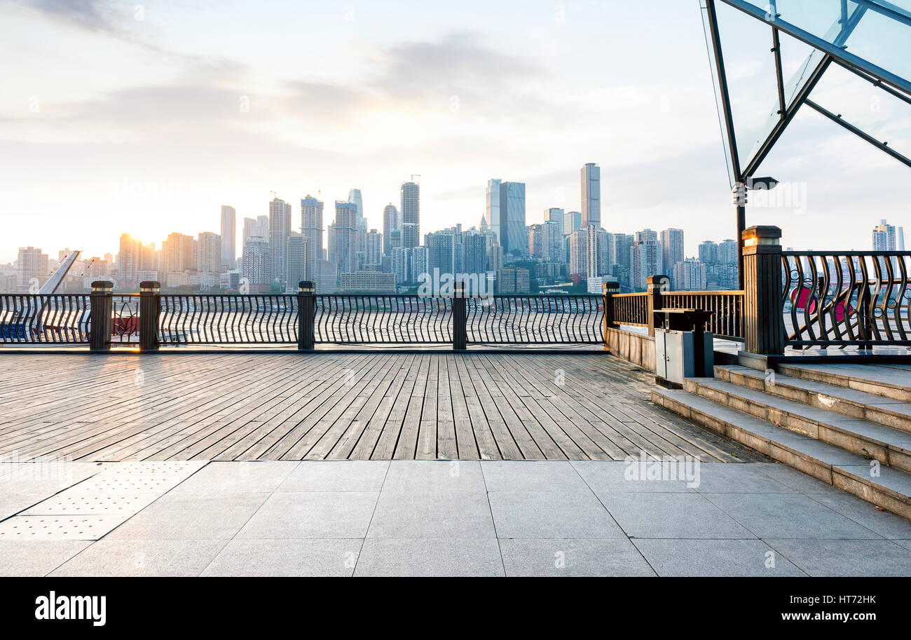 Chongqing city skyline, with wooden floors and guardrails Stock Photo ...