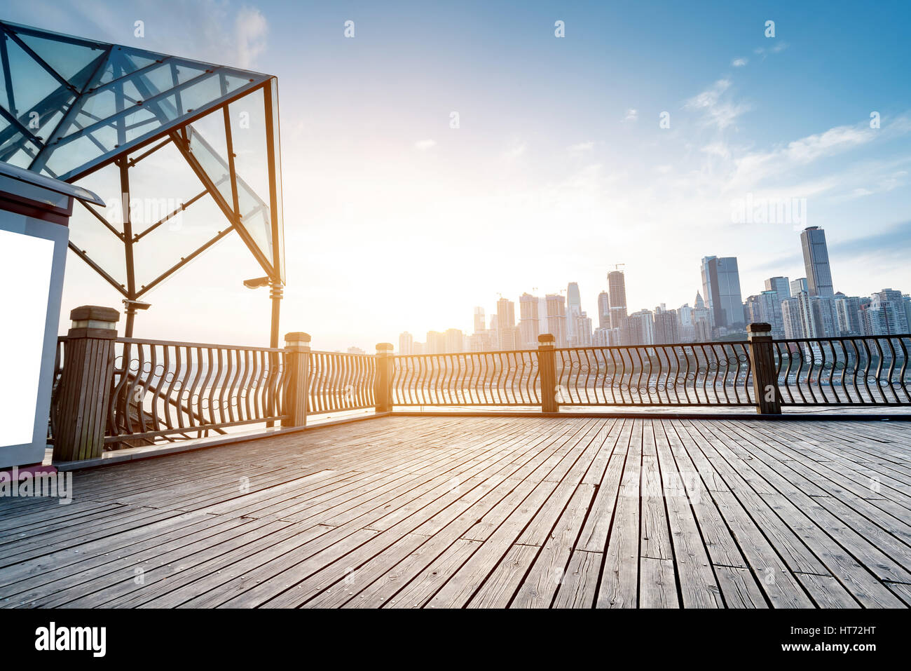 Chongqing city skyline, with wooden floors and guardrails Stock Photo ...