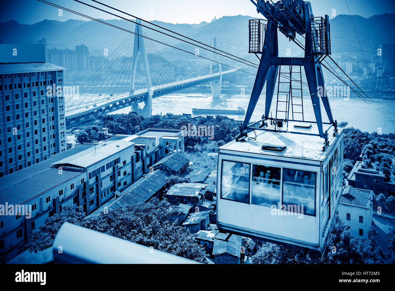 View from cableway over Yangtze river in Chongqing city (Chongqing ...