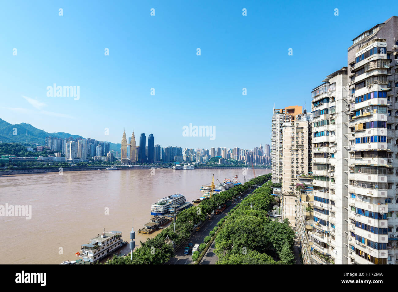 A bird's eye view of Chongqing's urban landscape and the Yangtze River ...