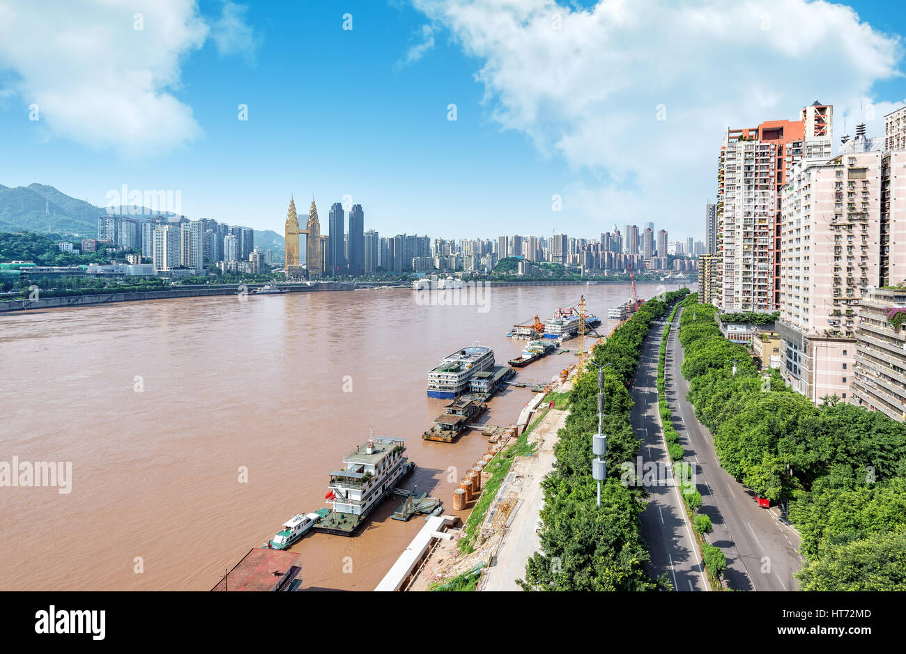 A bird's eye view of Chongqing's urban landscape and the Yangtze River ...