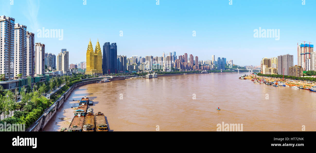 A bird's eye view of Chongqing's urban landscape and the Yangtze River ...