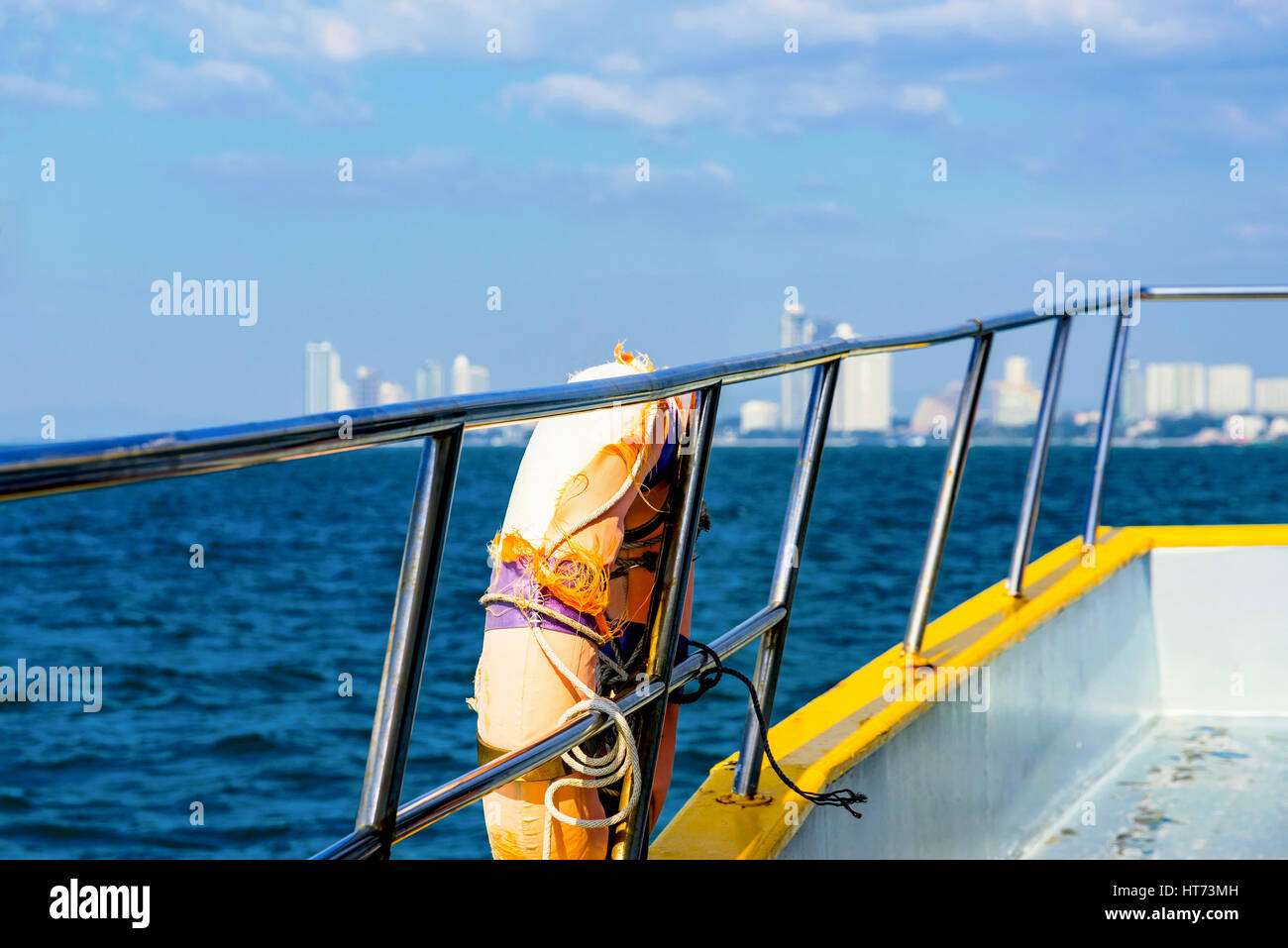 Life buoy ring on a boat with out of focus sea in the background Stock ...