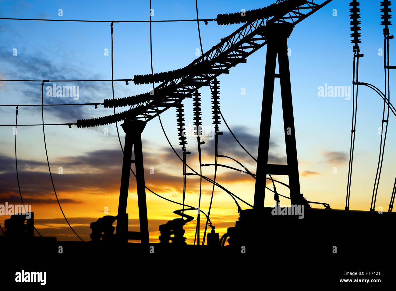 Substation equipment and lines and pylons Stock Photo - Alamy