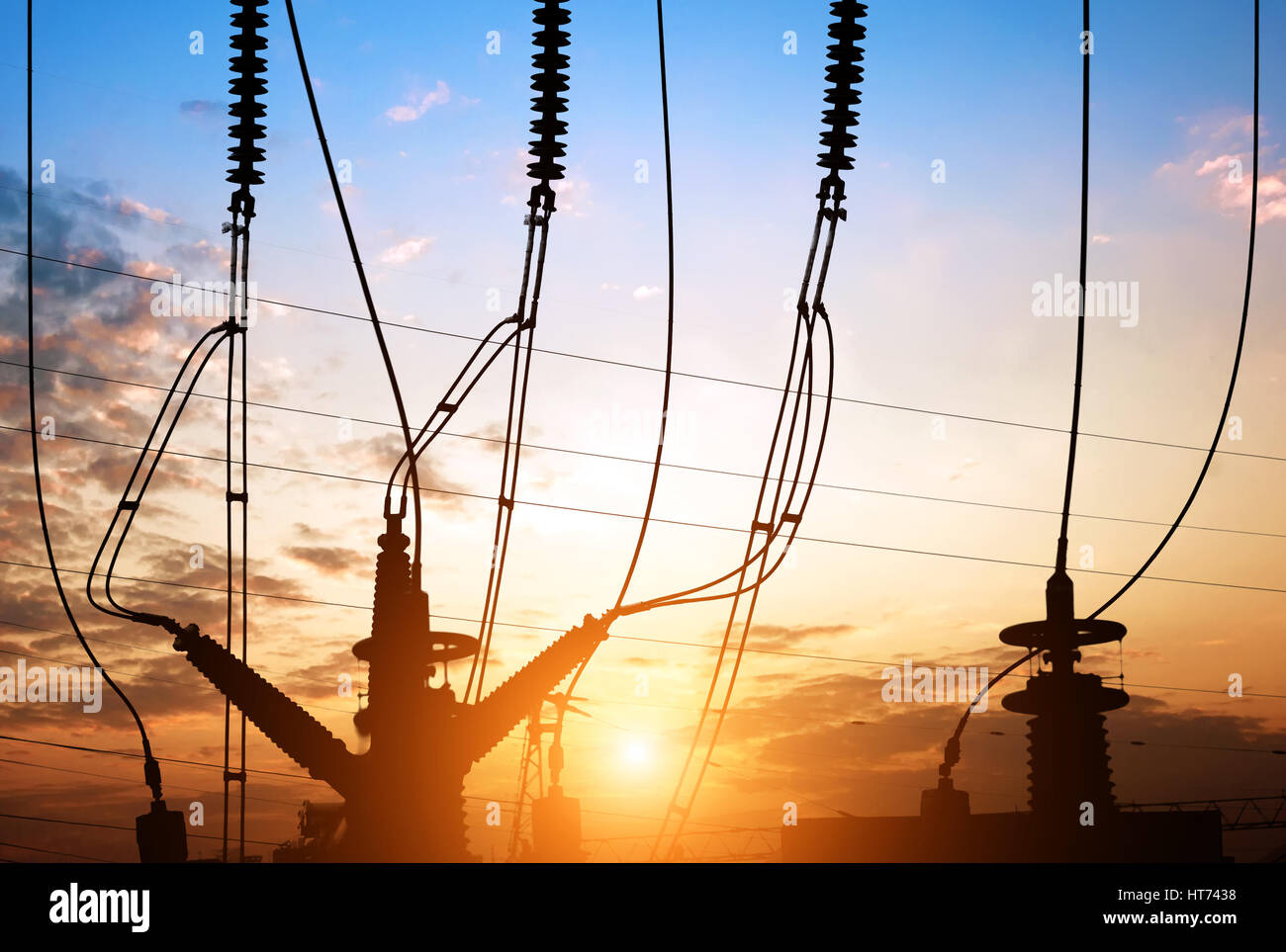 Substation equipment and lines and pylons Stock Photo - Alamy