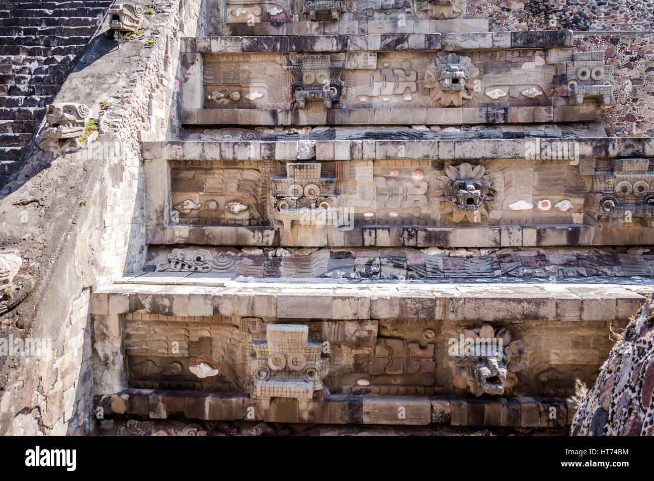 Carving details of Quetzalcoatl Pyramid at Teotihuacan Ruins - Mexico ...