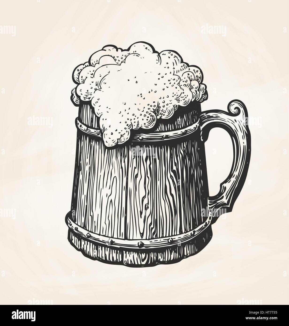 Hand-drawn vintage wooden mug with foam, sketch. Drink, beer, ale ...