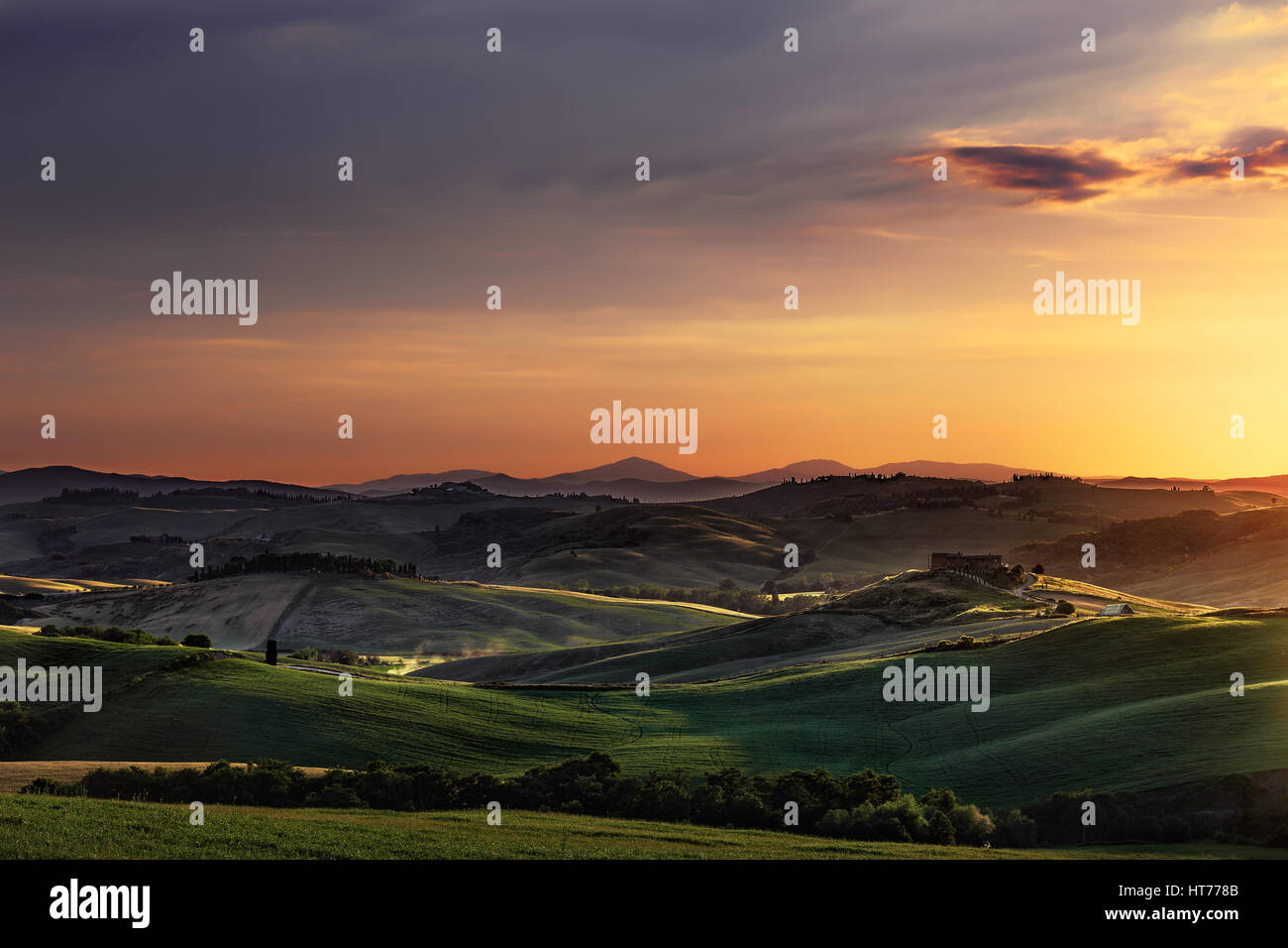 Tuscany spring, rolling hills on sunset. Volterra rural landscape ...