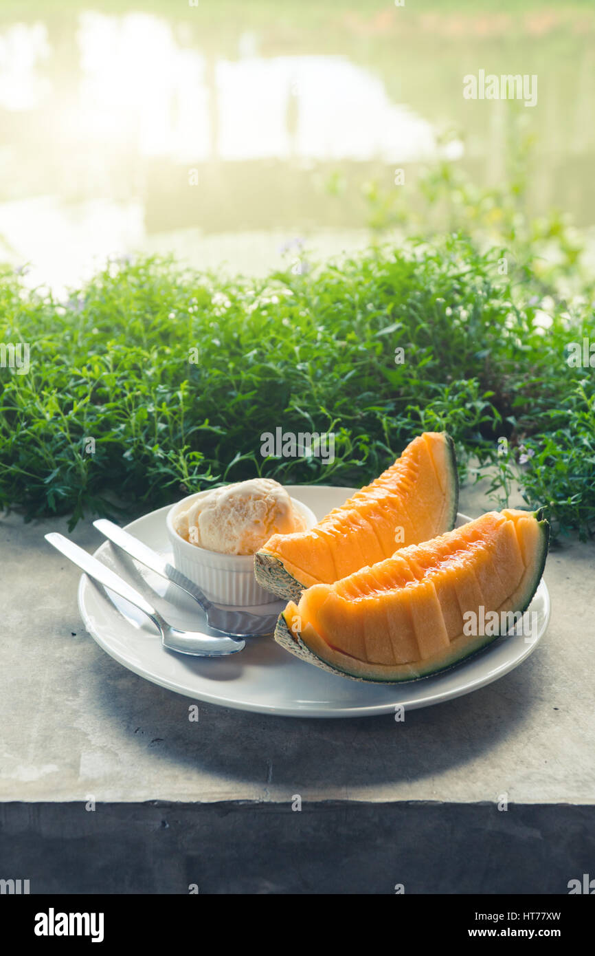 Melon sliced with vanilla ice cream dessert,Summer freshness concept ...