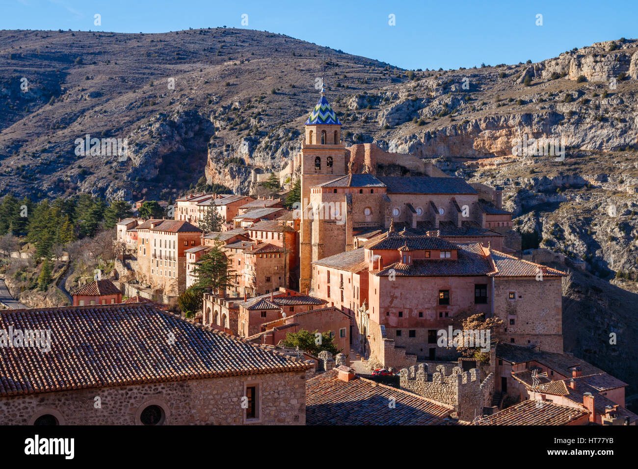 Beautiful view of the medieval town Albarracin with its church during ...