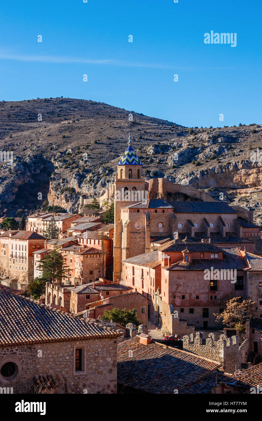 Beautiful view of the medieval town Albarracin with its church and ...
