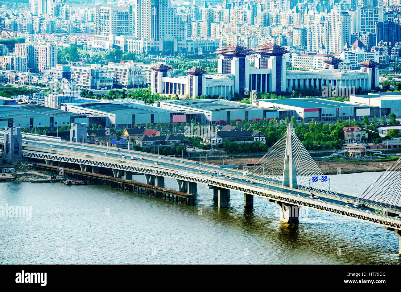 Aerial view of city buildings and river, China Nanchang Stock Photo - Alamy