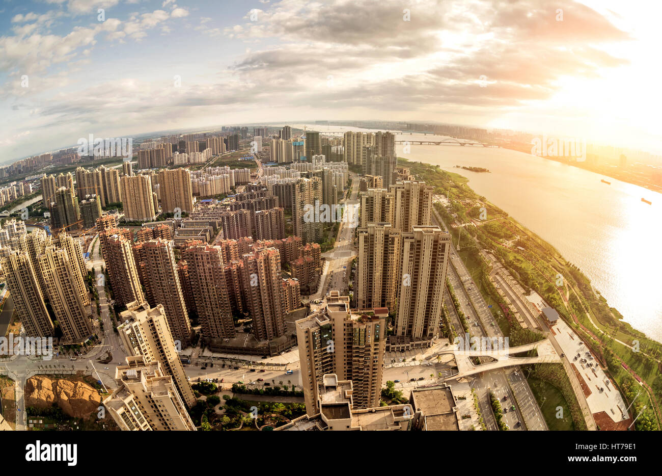 Aerial Cityscape at dusk, China Nanchang buildings and rivers Stock ...