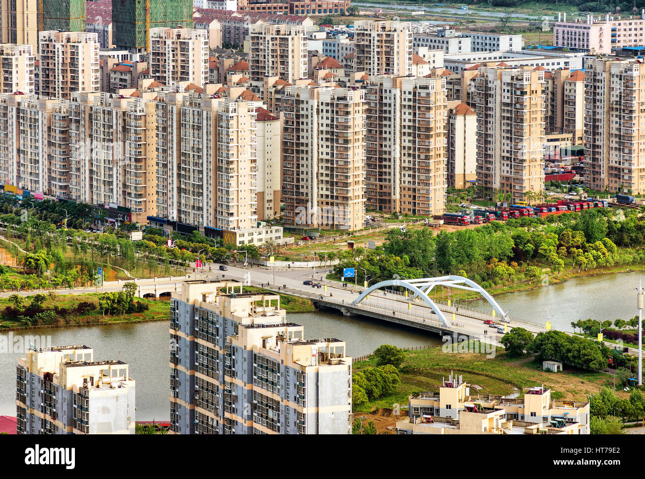 Aerial view of city buildings and river, China Nanchang Stock Photo - Alamy