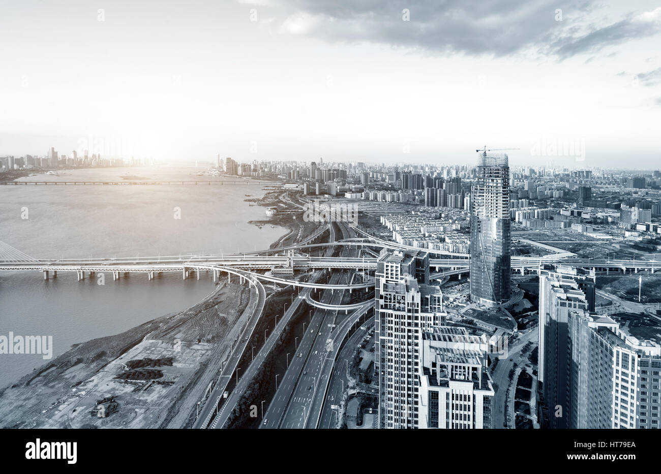 Aerial view of city buildings and river, China Nanchang Stock Photo - Alamy