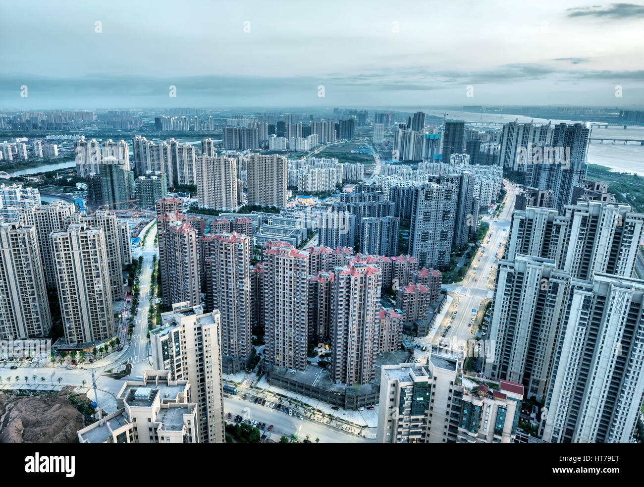Aerial Cityscape at dusk, China Nanchang buildings and rivers Stock ...