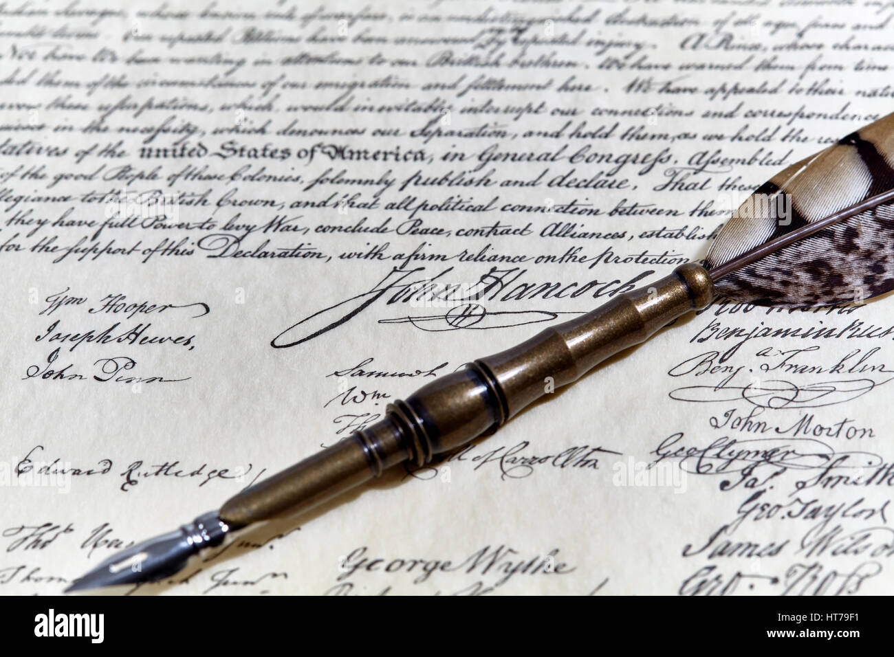 Close up of John Hancock signature on US Constitution with a quill pen ...
