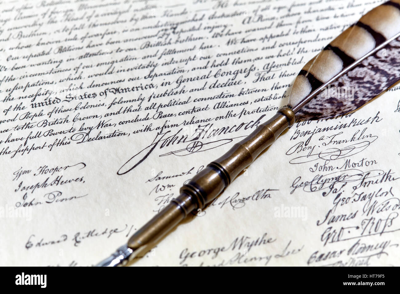 Close up of John Hancock signature on US Constitution with a quill pen ...