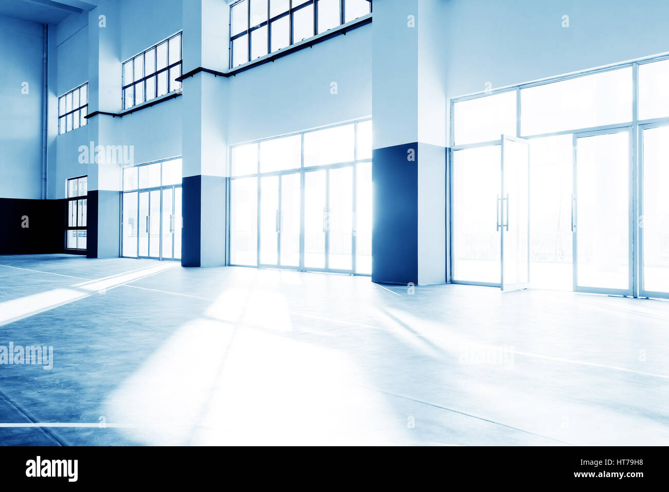 Hall of the windows and doors, modern building interior, blue tones ...