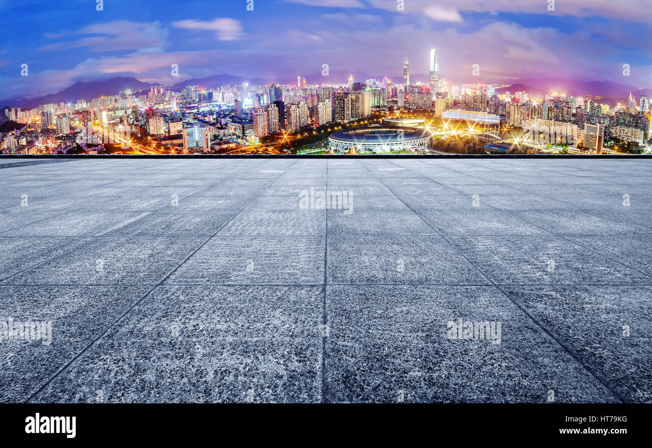 Marble ground in front of city night view, Shenzhen, China Stock Photo ...