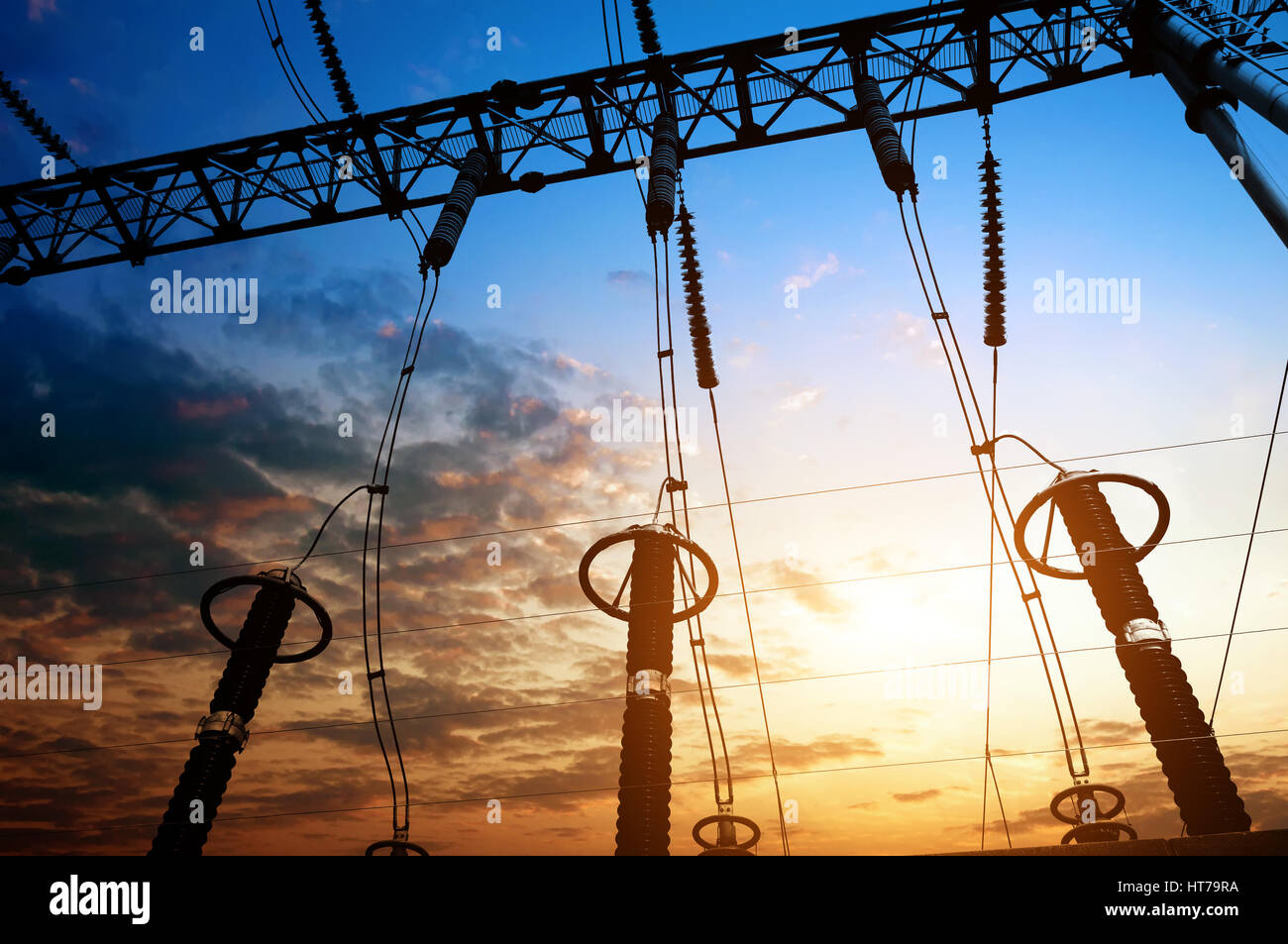 Substation equipment and lines and pylons Stock Photo - Alamy