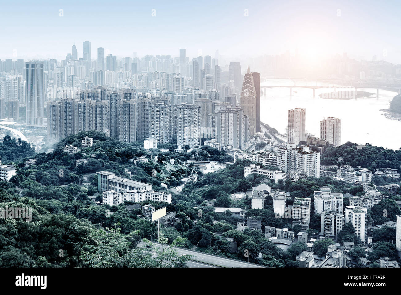 Aerial view of the Yangtze River and the city landscape, Chongqing ...