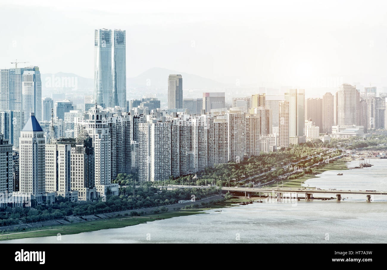 Aerial view of city buildings and river, China Nanchang Stock Photo - Alamy