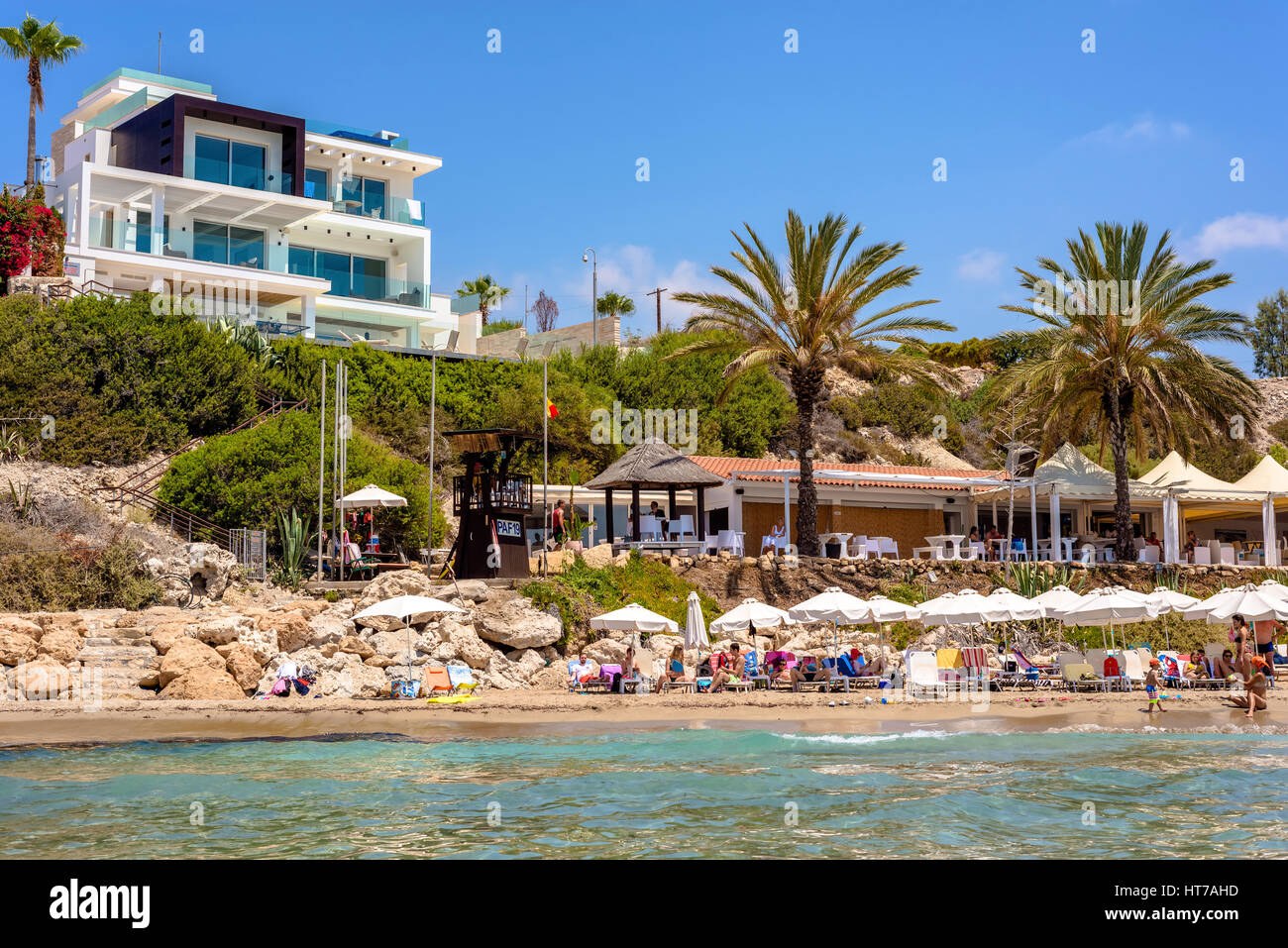 PAPHOS, CYPRUS - JULY 24, 2016: Coral Bay Beach, one of the best sandy ...